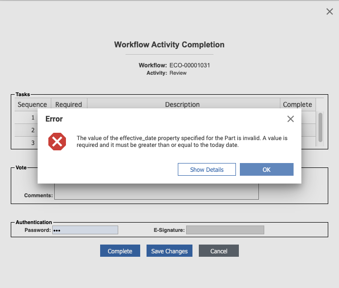 "effective_date" check error is missing of the part in the Express ECO ...