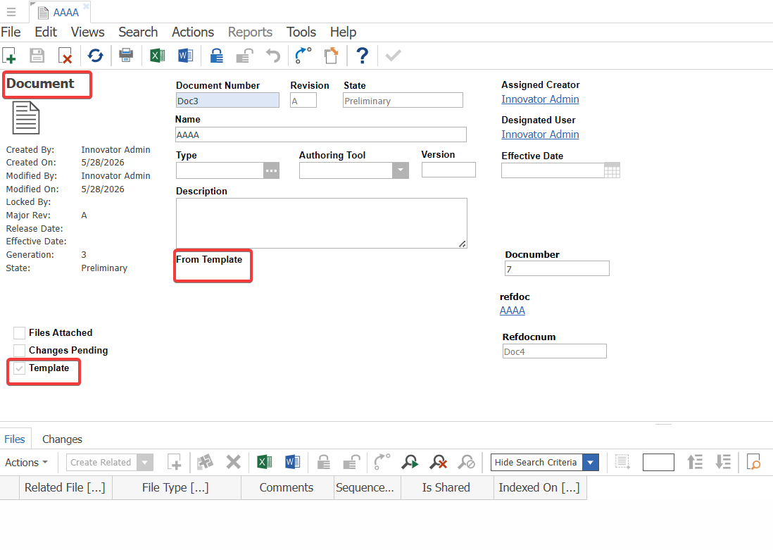 How is the Template field in the consultation Document used? | Aras